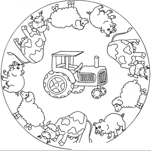 Mandala De Animales De Granja Con Un Tractor Para Pintar Y Colorear ...